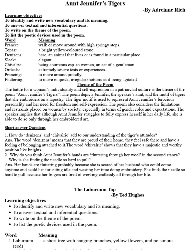 The Laburnum Top and Aunt Jennifer's Tigers | PDF | Poetry