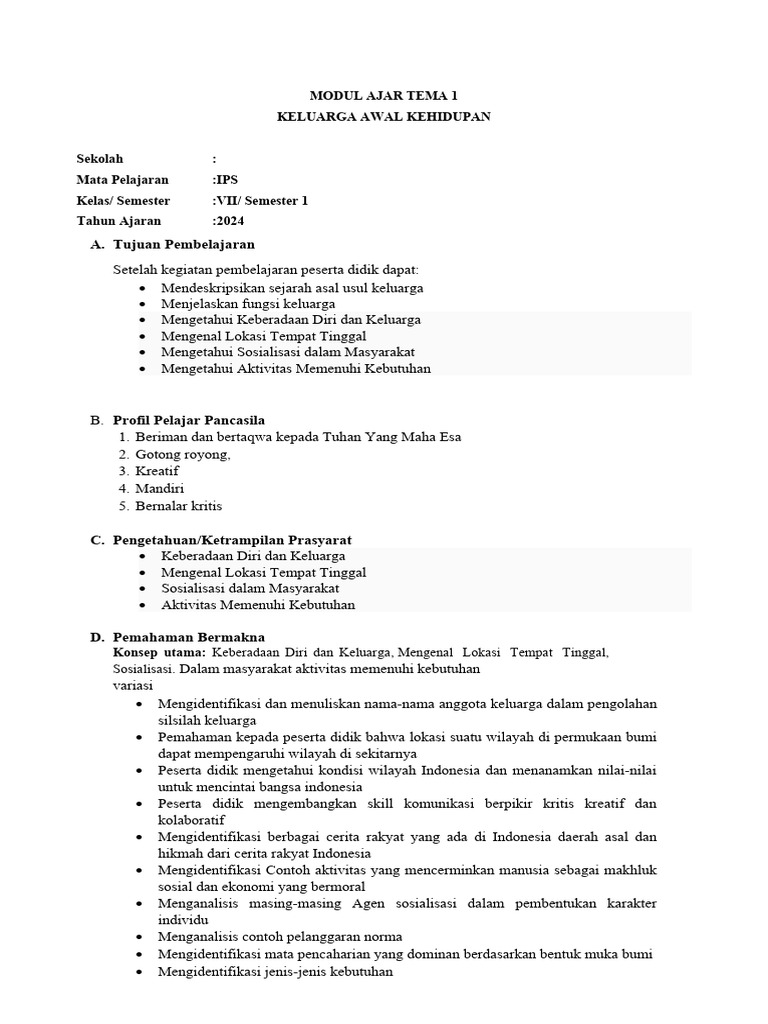 MODUL AJAR Kumer Semester 1 Ips Kelas 7 | PDF