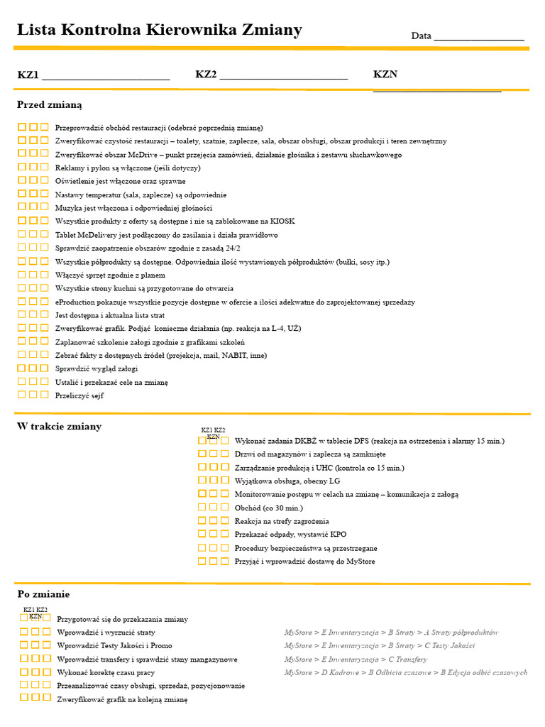 Lista Kontrolna Kierownika Zmiany_LKKZ | PDF