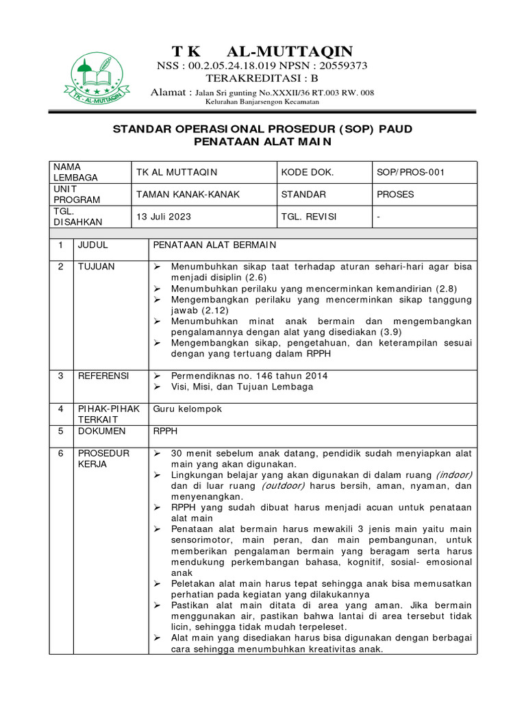 1 Sop Paud Penataan Alat Main. | PDF