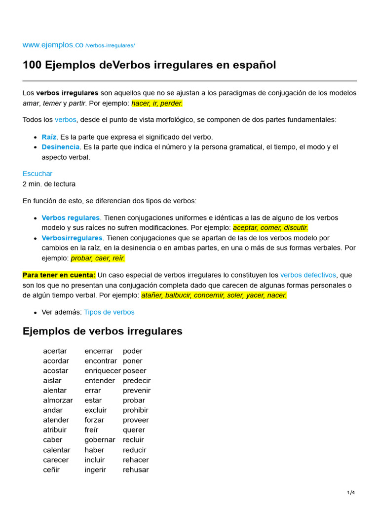 100 Ejemplos de Verbos Irregulares | PDF | Verbo | Conjugación gramatical