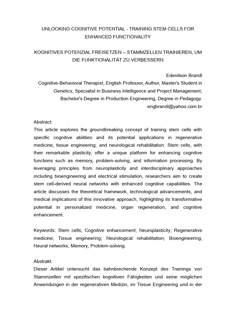 Unlocking Cognitive Potential - Training Stem Cells For Enhanced Functionality | PDF | Stem Cell ...