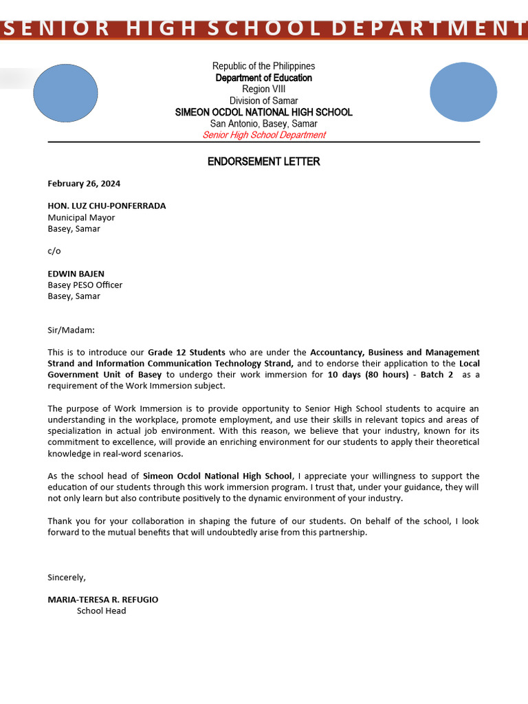 Endorsement Letter for Work Immersion | PDF | Cognition