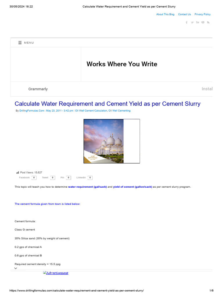 Calculate Water Requirement and Cement Yield As Per Cement Slurry | PDF ...