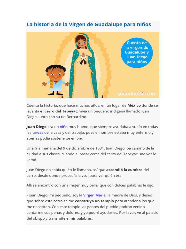 Historia de la Virgen de Guadalupe para Niños | PDF