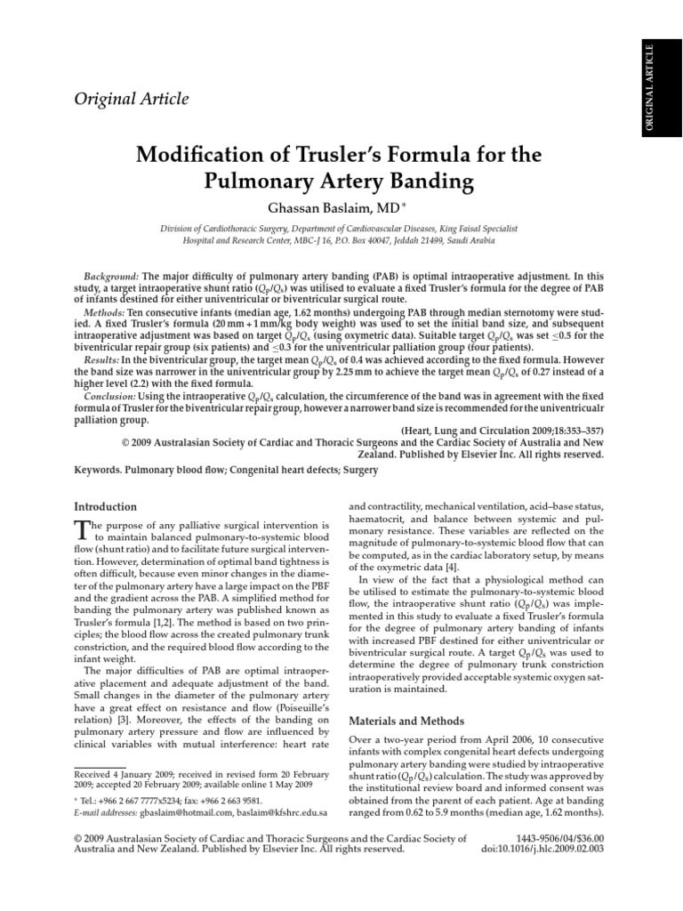 Modification of Trusler's Formula For The Pulmonary Artery Banding ...