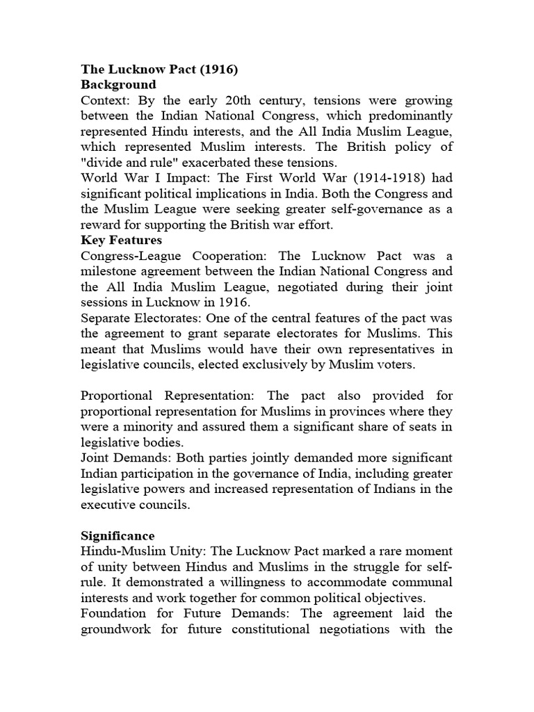 Lucknow Pact and Nehru Report Overview | PDF | All India Muslim League ...