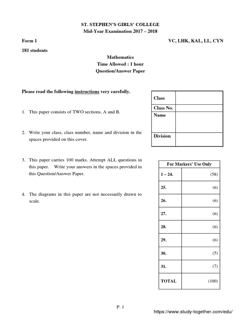 Form 1 Math Exam Paper | PDF | Candy | Elementary Mathematics