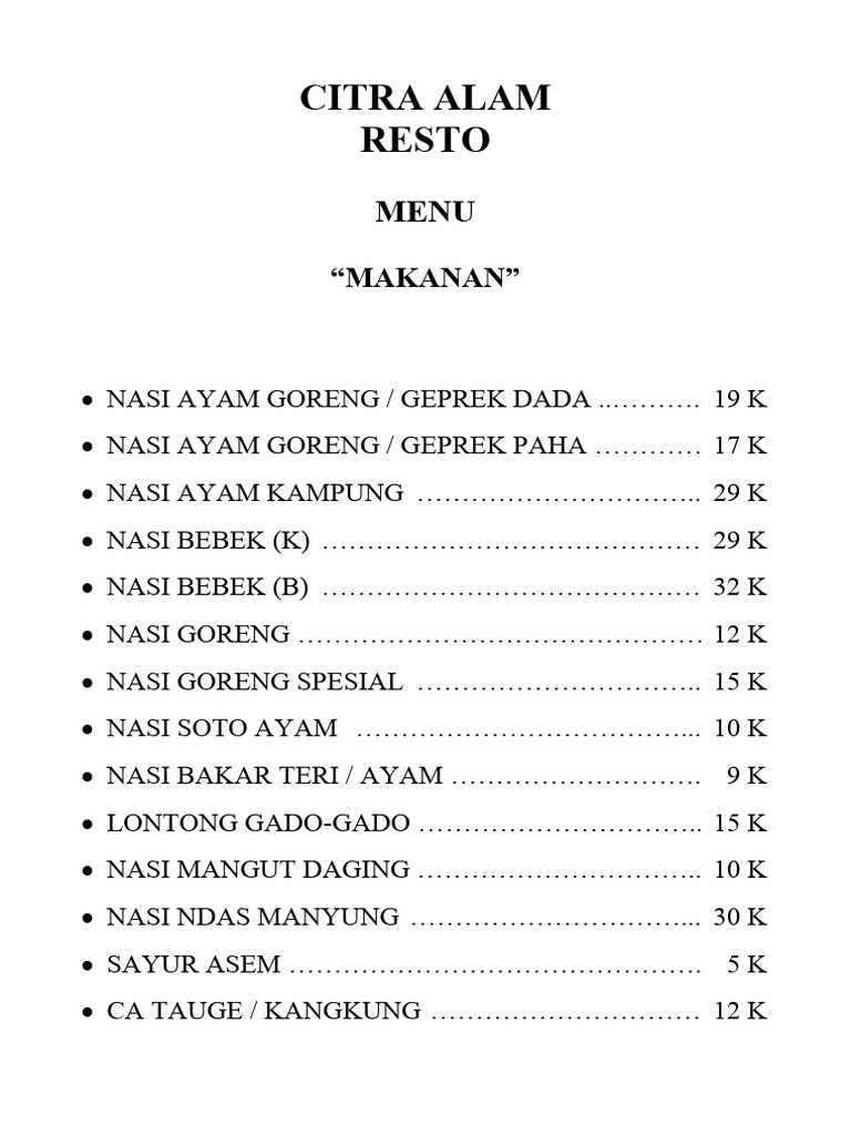 Citra Alam Menu | PDF