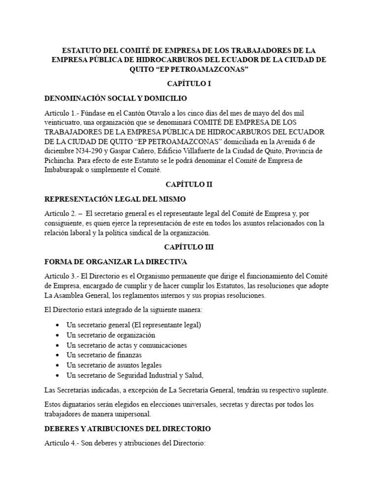 Estatuto del Comité de Empresa EP Petroamazonas | PDF | Business ...