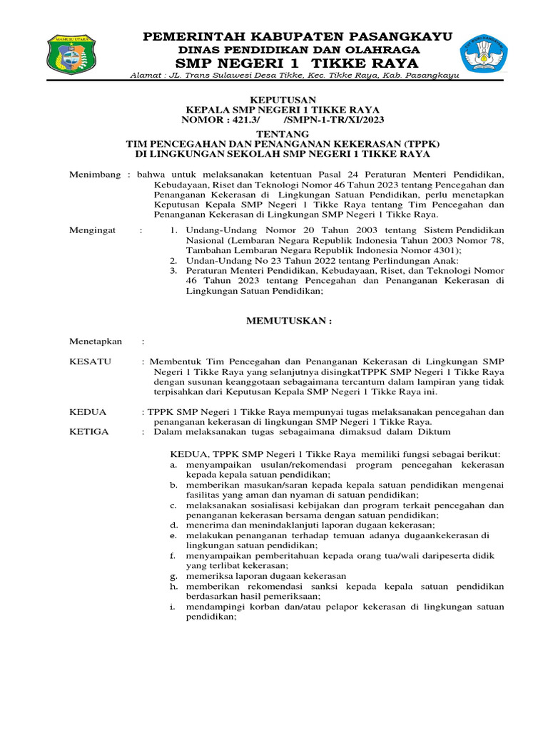 Contoh SK TIM TPPK SMPN 1 TIKKE RAYA | PDF