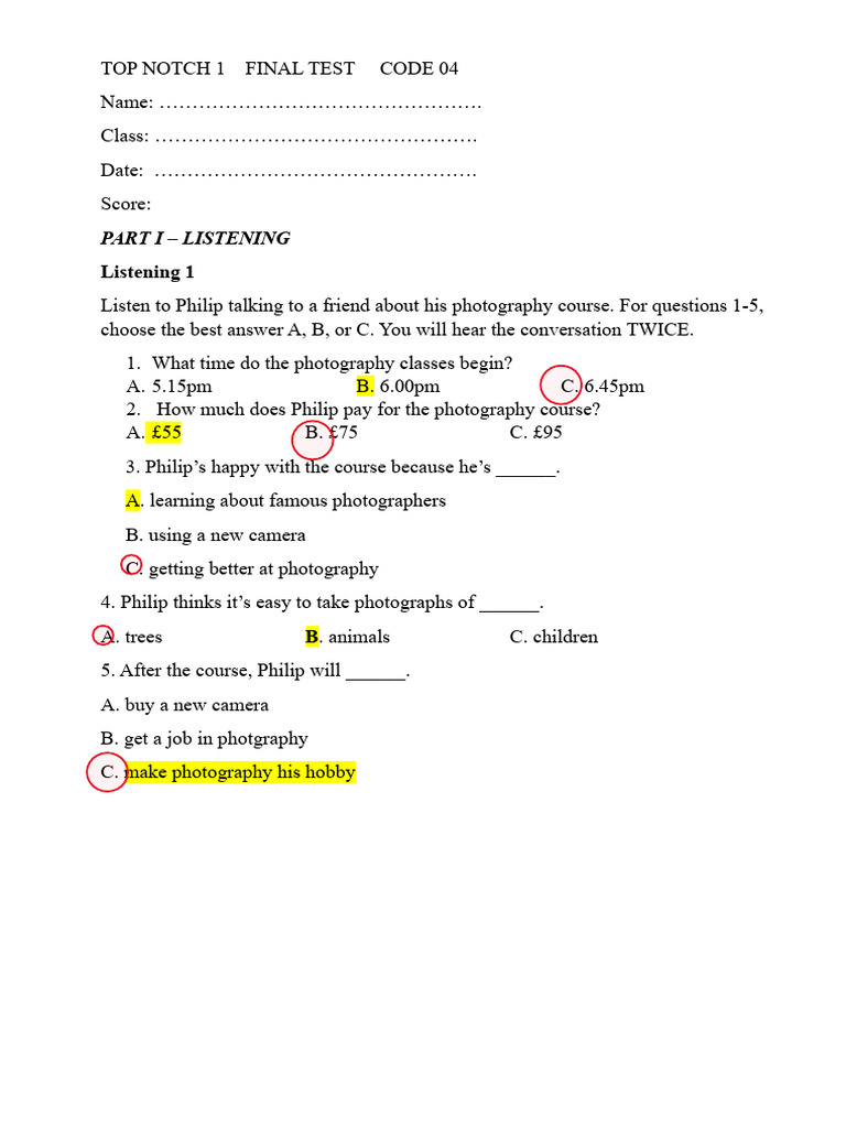 Top Notch 1 Final Test Code 04 | PDF | Sneakers | Clothing