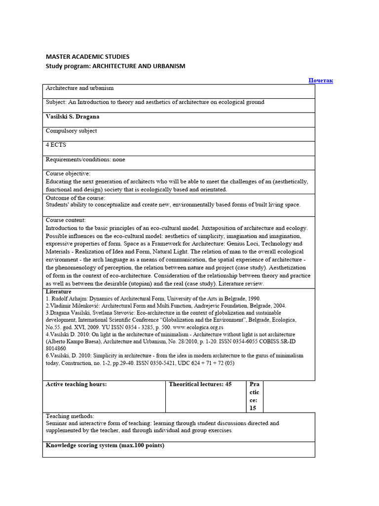 Table of Courses Master Architecture - English | PDF | Knowledge | Thesis