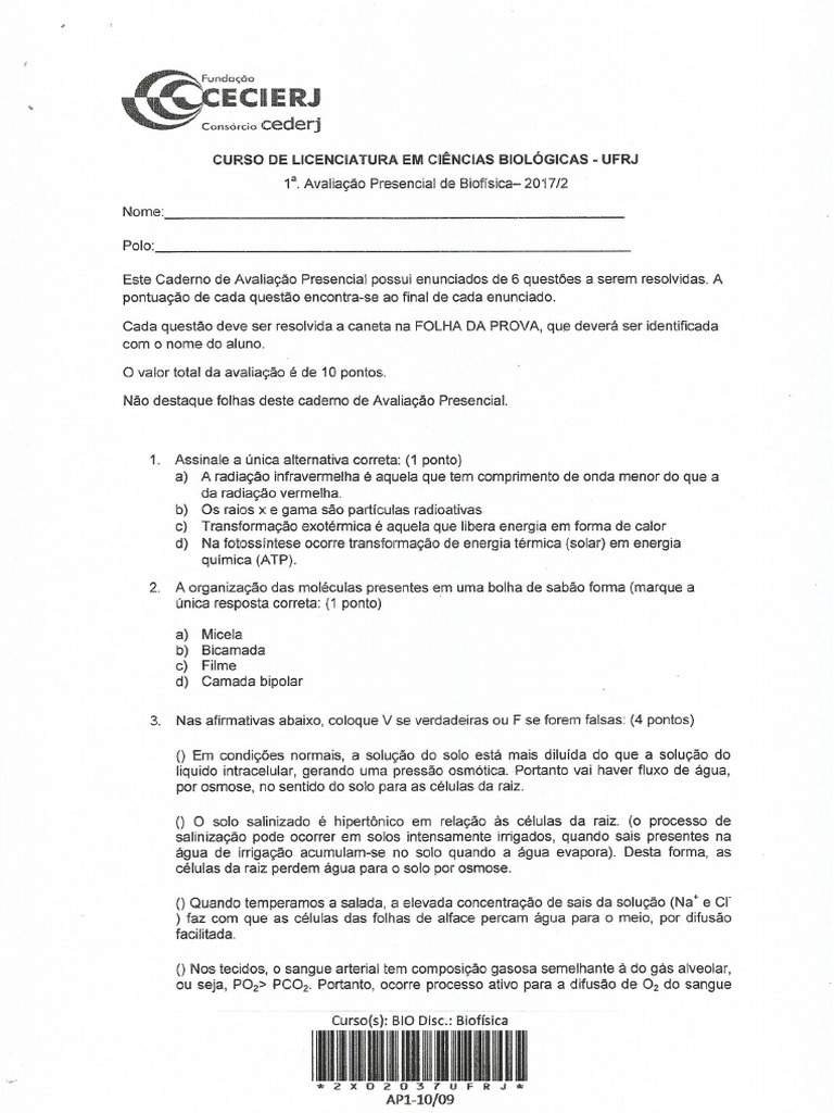 AP1 Biofísica 2017.2 | PDF