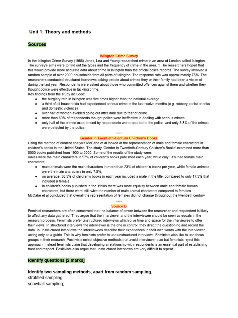 Unit 1 - Theory and Methods | PDF | Sampling (Statistics) | Focus Group