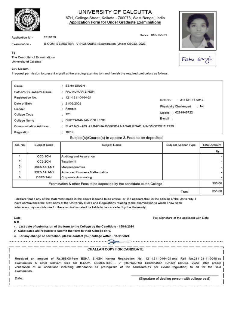 Calcutta University UG Exam Application Form | PDF | Government