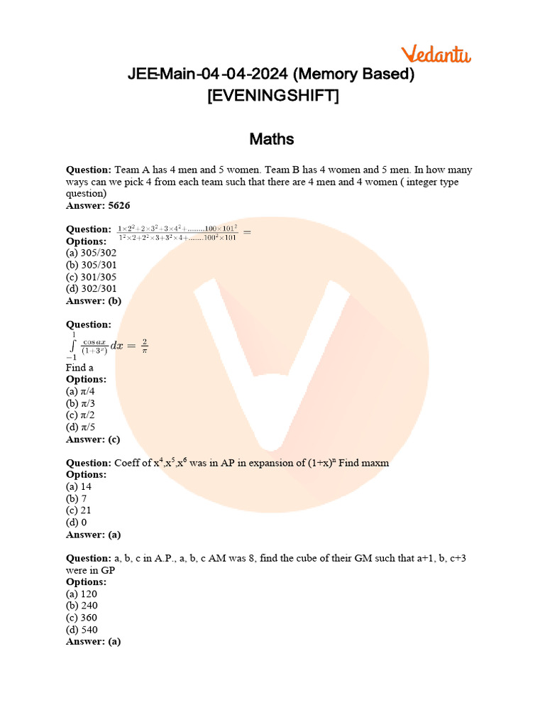 JEE Main 2024 (April 4 Shift 2) Maths Question Paper With Solutions ...