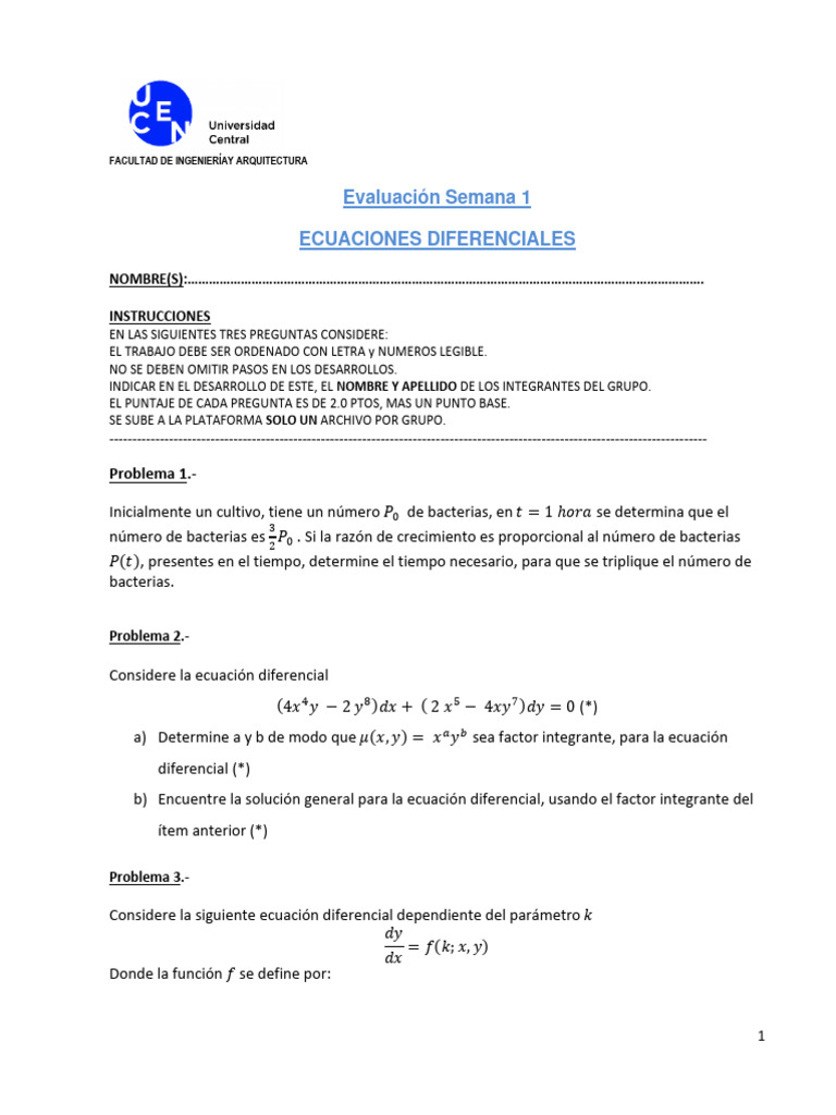 Ejercicios Ecuaciones Diferenciales Evaluación Guía 1 | PDF