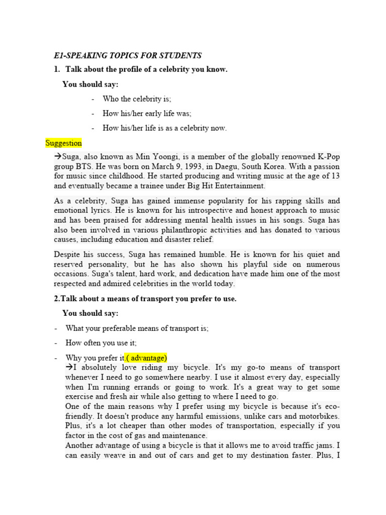 Ta1 Speaking Topics For Sts. | PDF | Language Arts & Discipline | Lifestyle