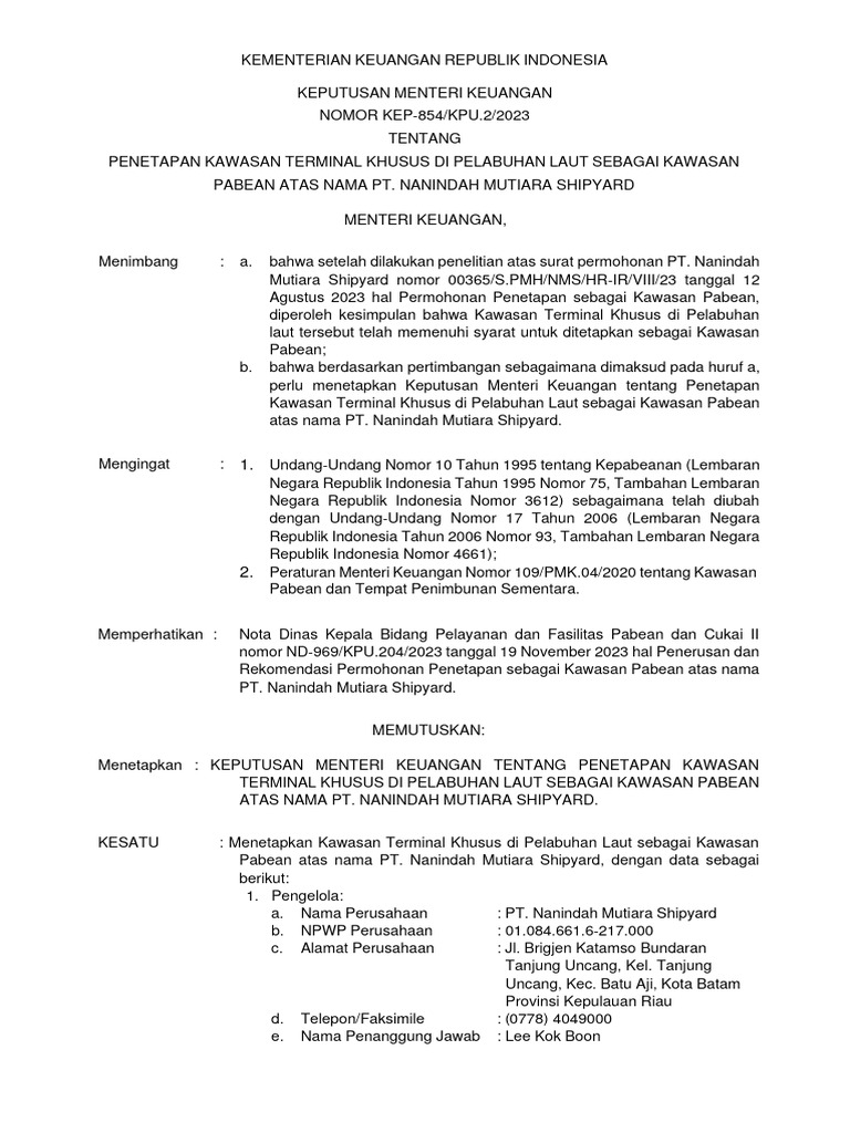 Penetapan Kawasan Pabean PT Nanindah | PDF | Teknologi & Rekayasa