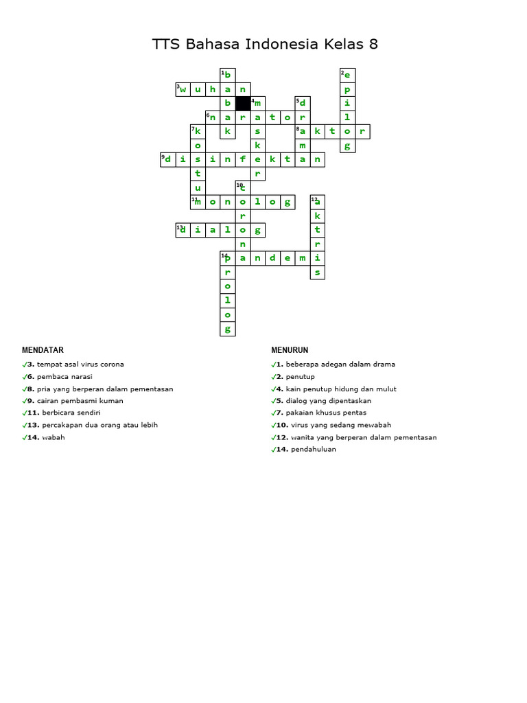 Teka-Teki Silang Bahasa Indonesia Kelas 8 | PDF