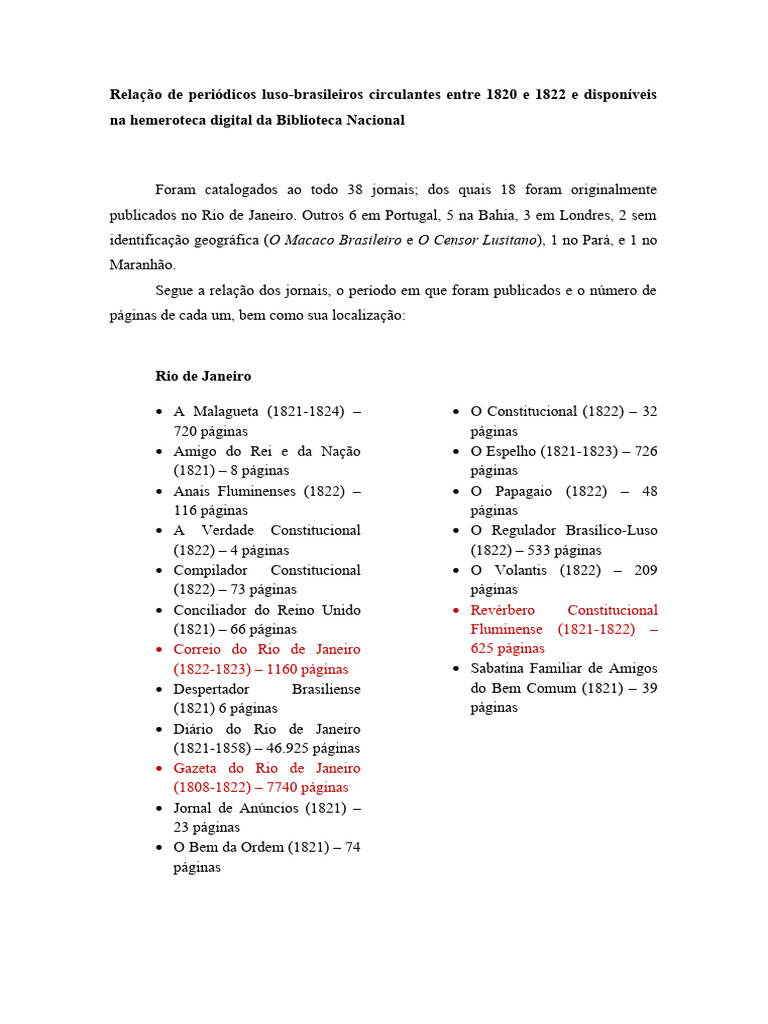 Periódicos Luso-Brasileiros (1820-1822) | PDF | Brasil