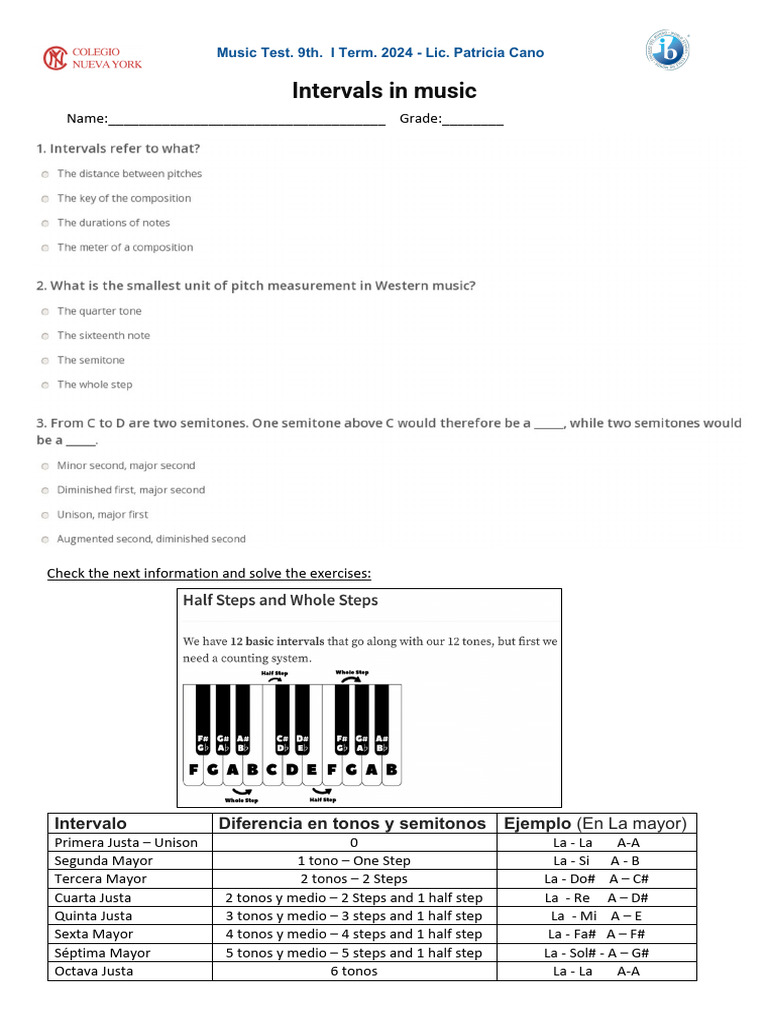 Evaluation About Musical Intervals For 9th. Grade | PDF