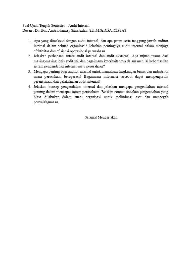 Soal Ujian Tengah Semester - Audit Internal 2024 | PDF