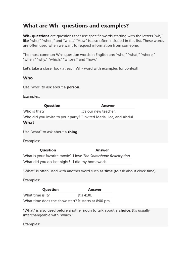 10 What Are WH Question | PDF | Verb | Question