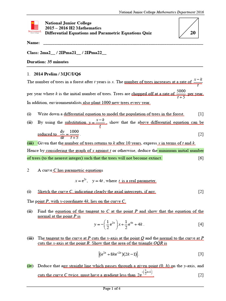 DE and Parametric Equations Quiz | PDF | Equations | Tangent