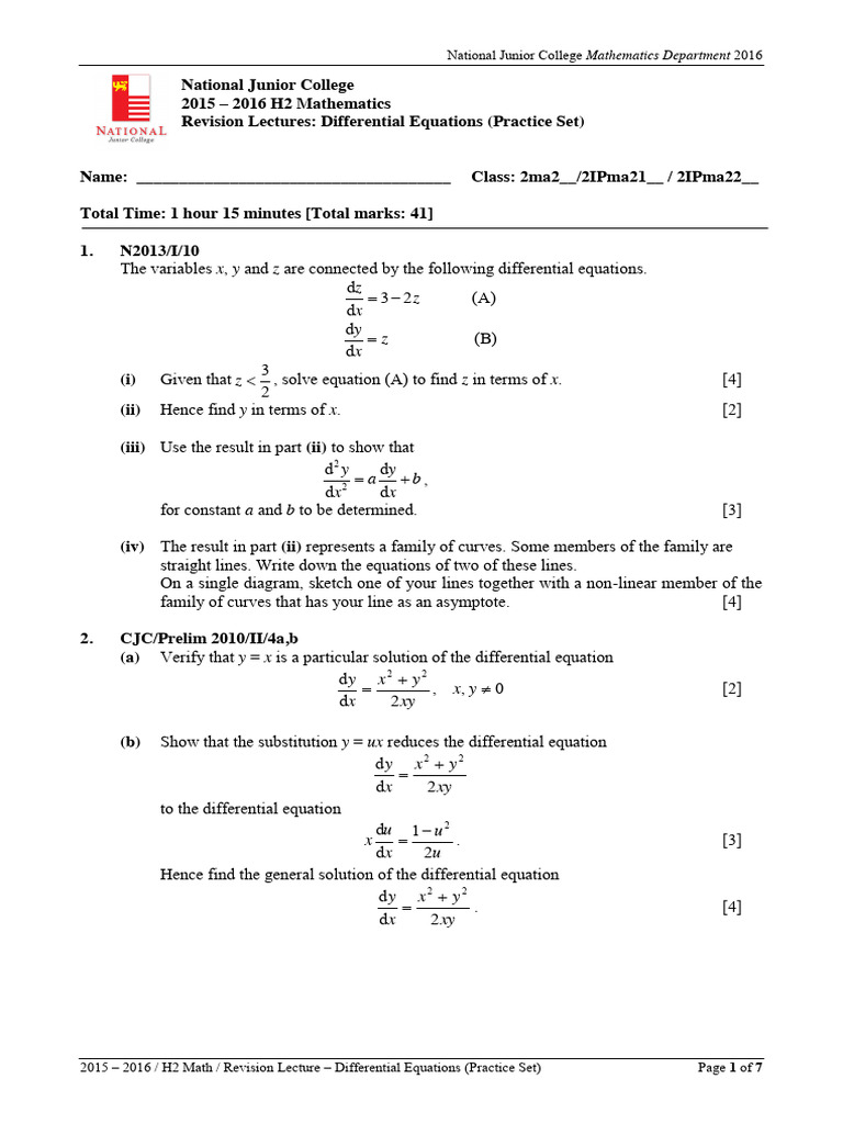 H2 Math Differential Equations Practice | PDF | Equations | Ordinary ...