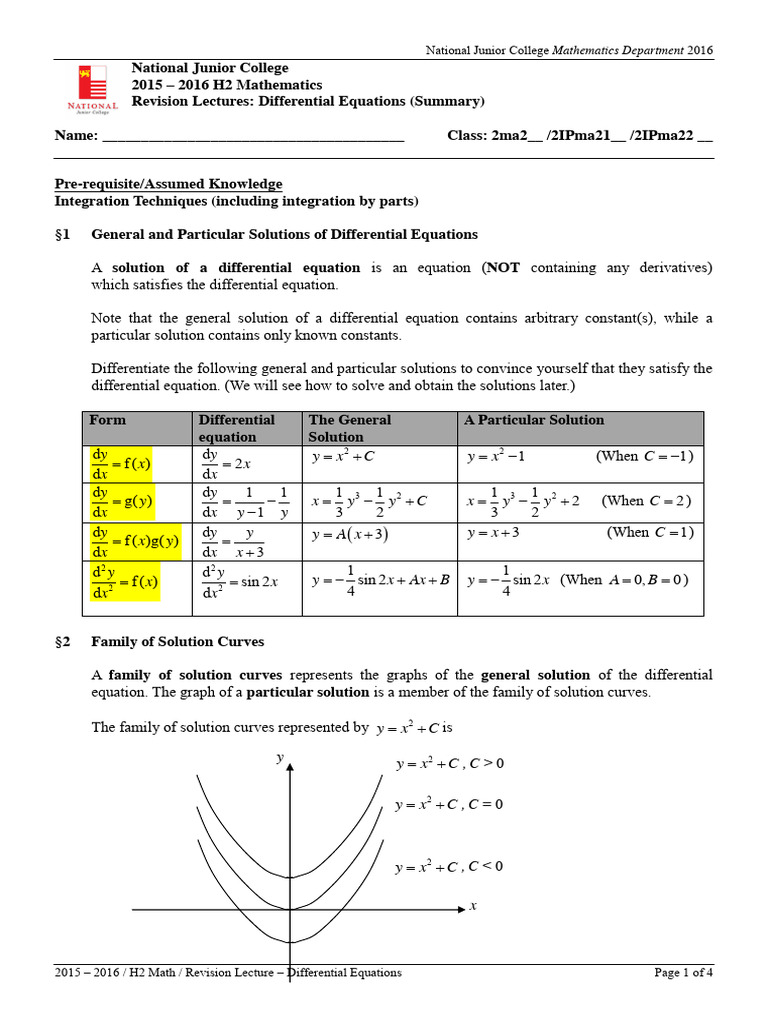 H2 Math Differential Equations Pdf Ordinary Differential Equation