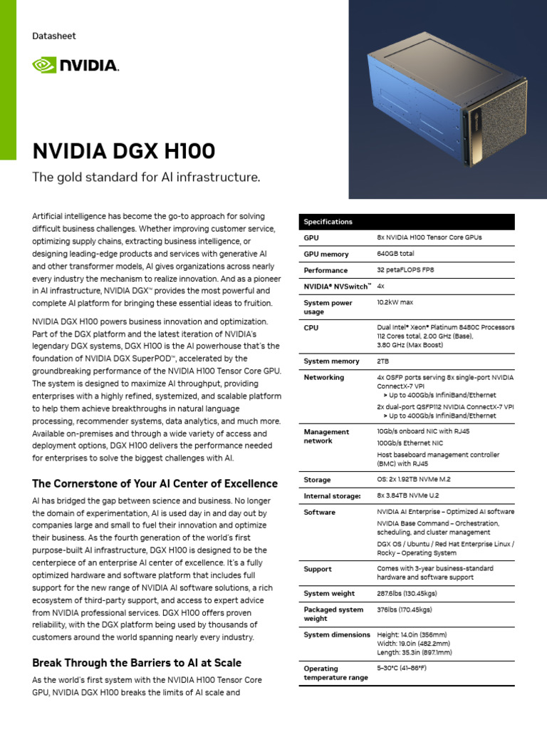 Nvidia Dgx h100 Datasheet Nvidia Us Web | Download Free PDF | Computing ...