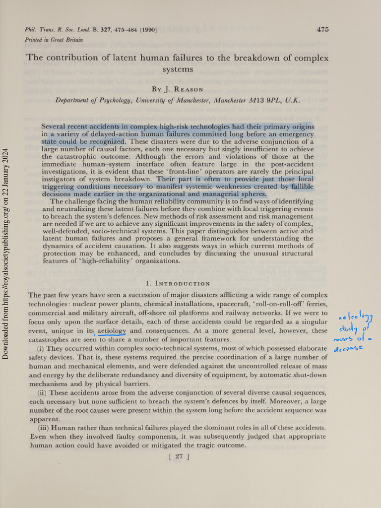 Reason Et Al 1997 The Contribution of Latent Human Failures To The Breakdown of Complex Systems ...