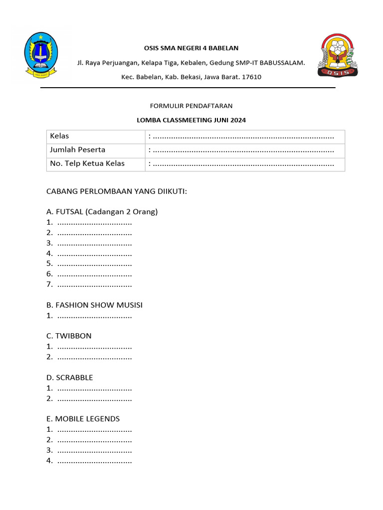 Formulir Lomba Classmeeting 2024 | PDF