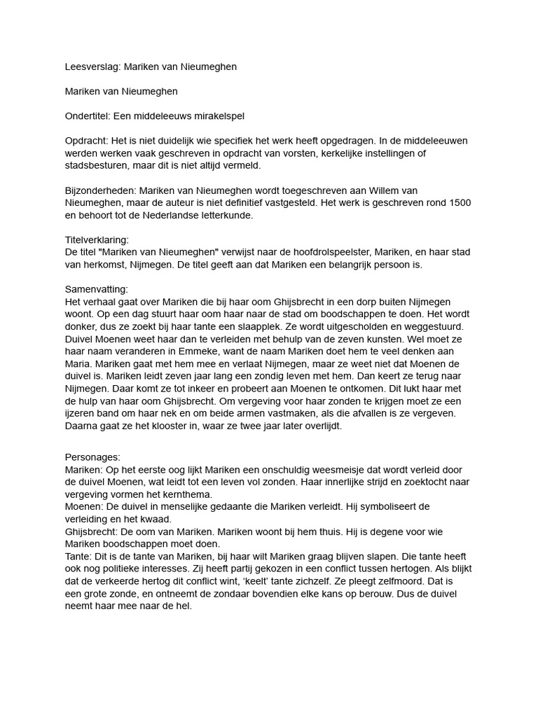 Leesverslag Verhaal Mariken Van Nieumegen | PDF