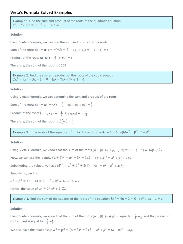 Vieta's Formula: Examples & Solutions | PDF | Zero Of A Function ...