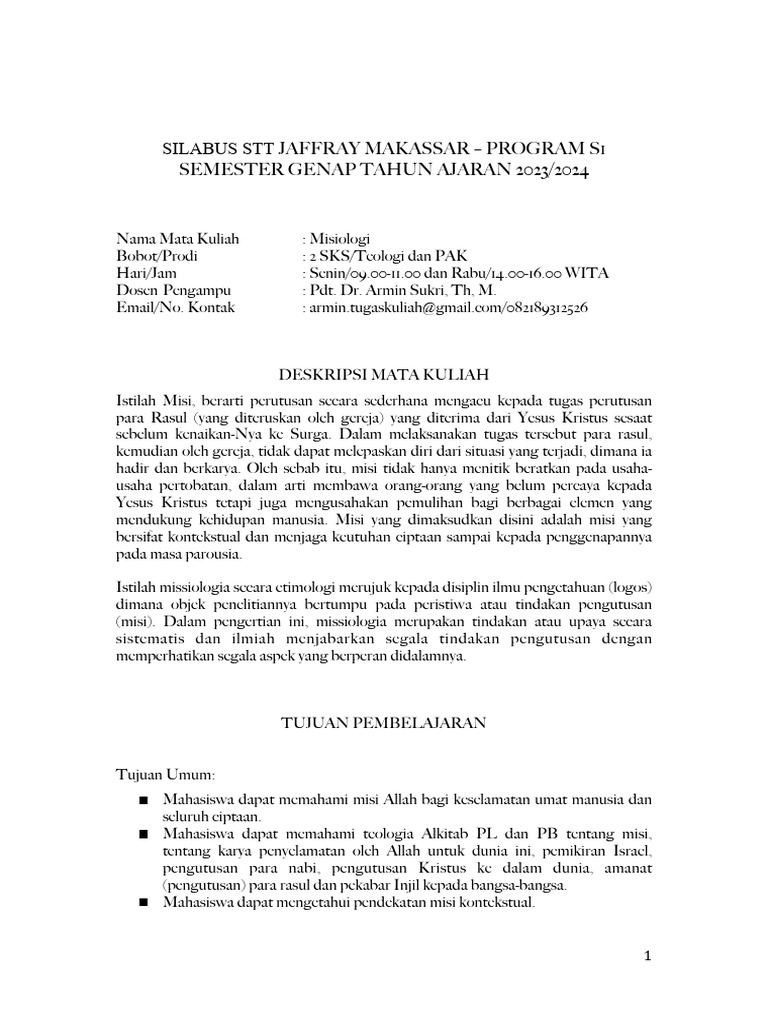 Silabus Misiologi-Reguler Genap 2023 - 2024 | PDF | Sains & Matematika