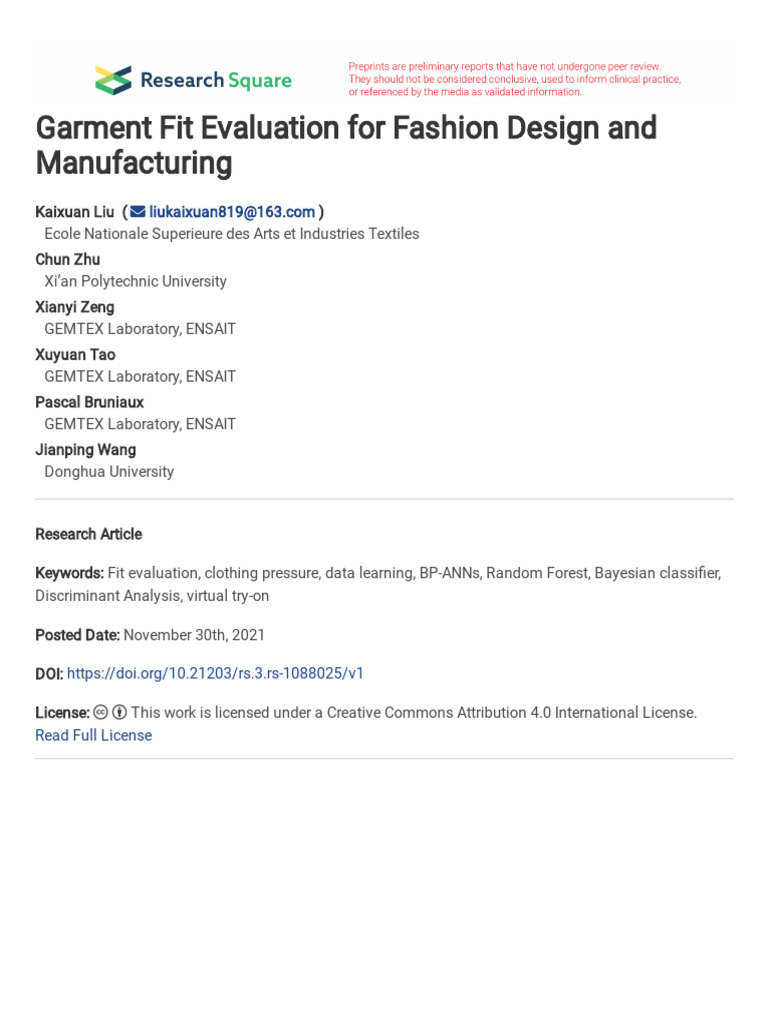 Garment Fit Evaluation for Fashion Design and Manu | PDF | Cross ...