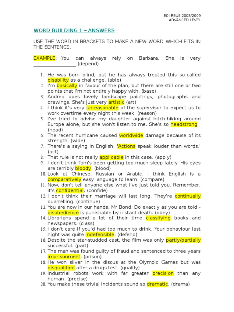 Word Building Exercises and Answers | PDF