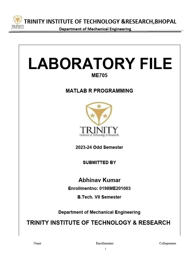 MATLAB MANUAL 7th SEM (ME - 705) | PDF | Matrix (Mathematics) | Object Oriented Programming