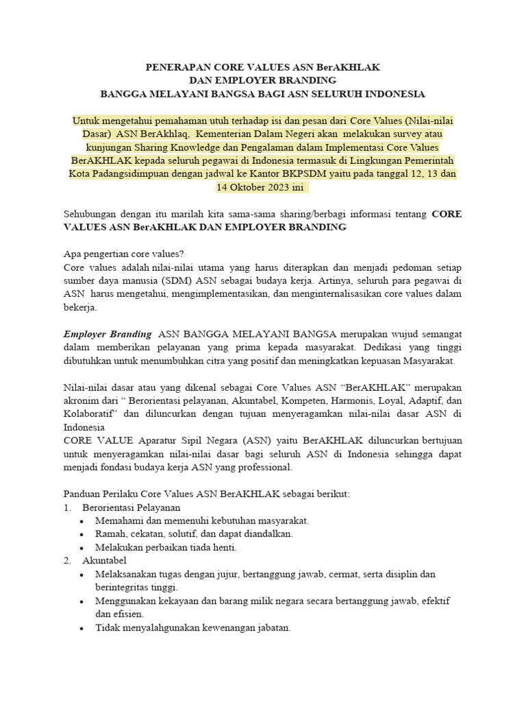 PENERAPAN CORE VALUES ASN BerAKHLAK | PDF