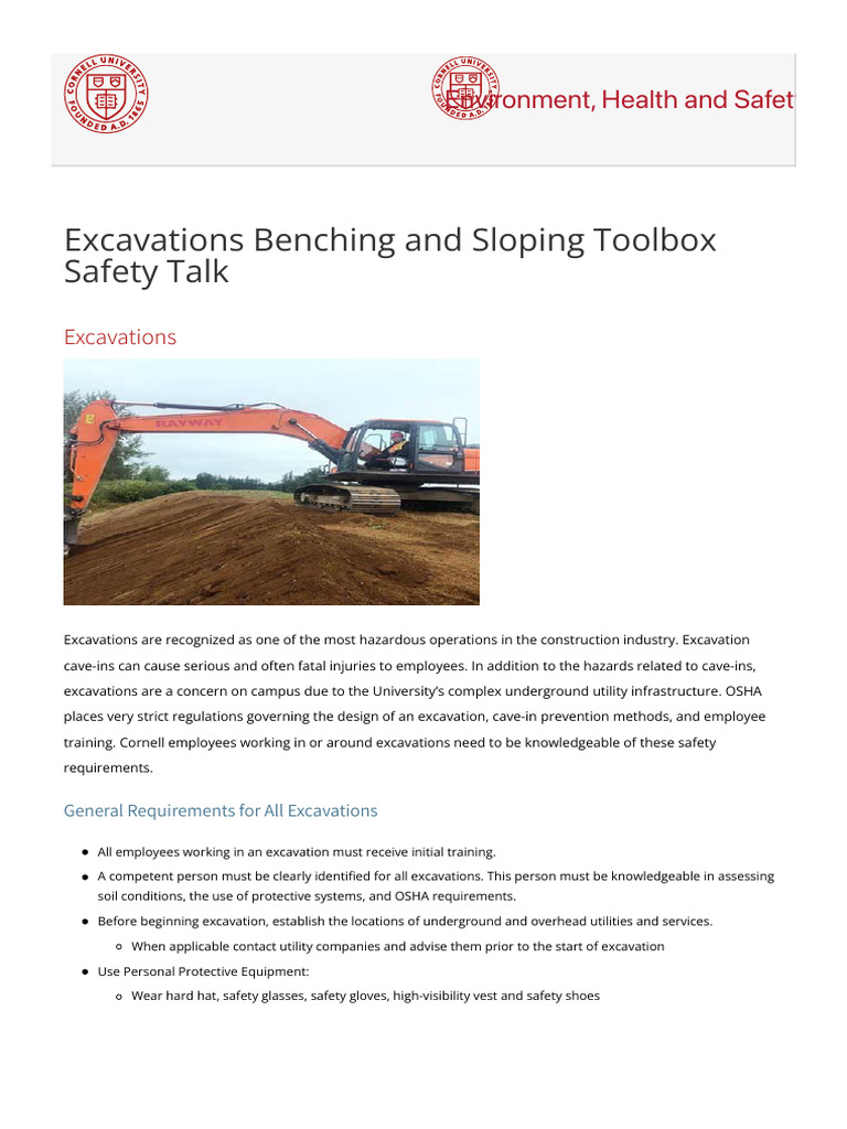Excavations Benching and Sloping Toolbox Safety Talk - Environment, Health and S | PDF | Loam ...