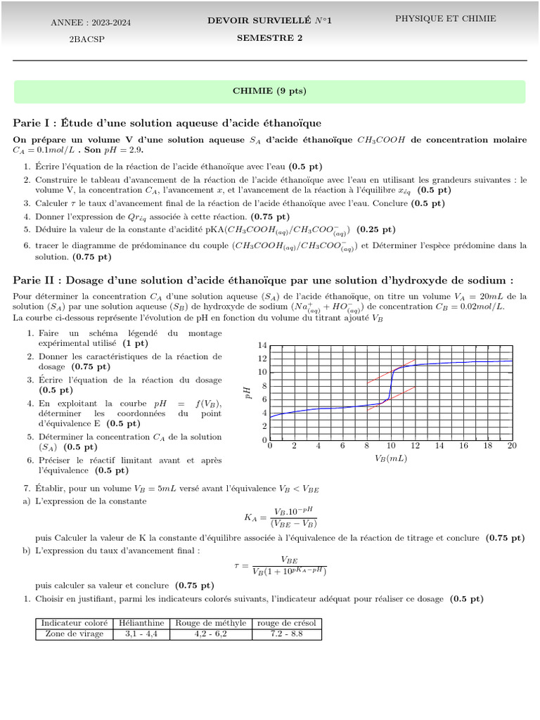 DS1 - S2 2BAC BIOF PCN | PDF | Ph | Acide