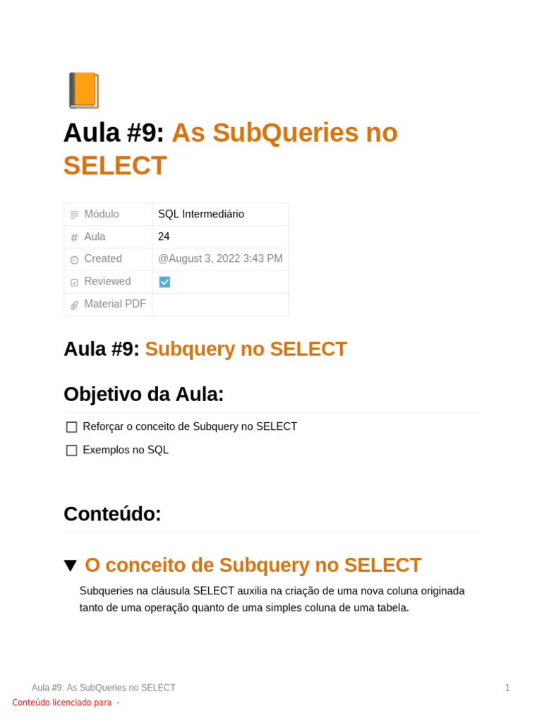 Aula 9 As SubQueries No SELECT | PDF | Bancos de dados | SQL