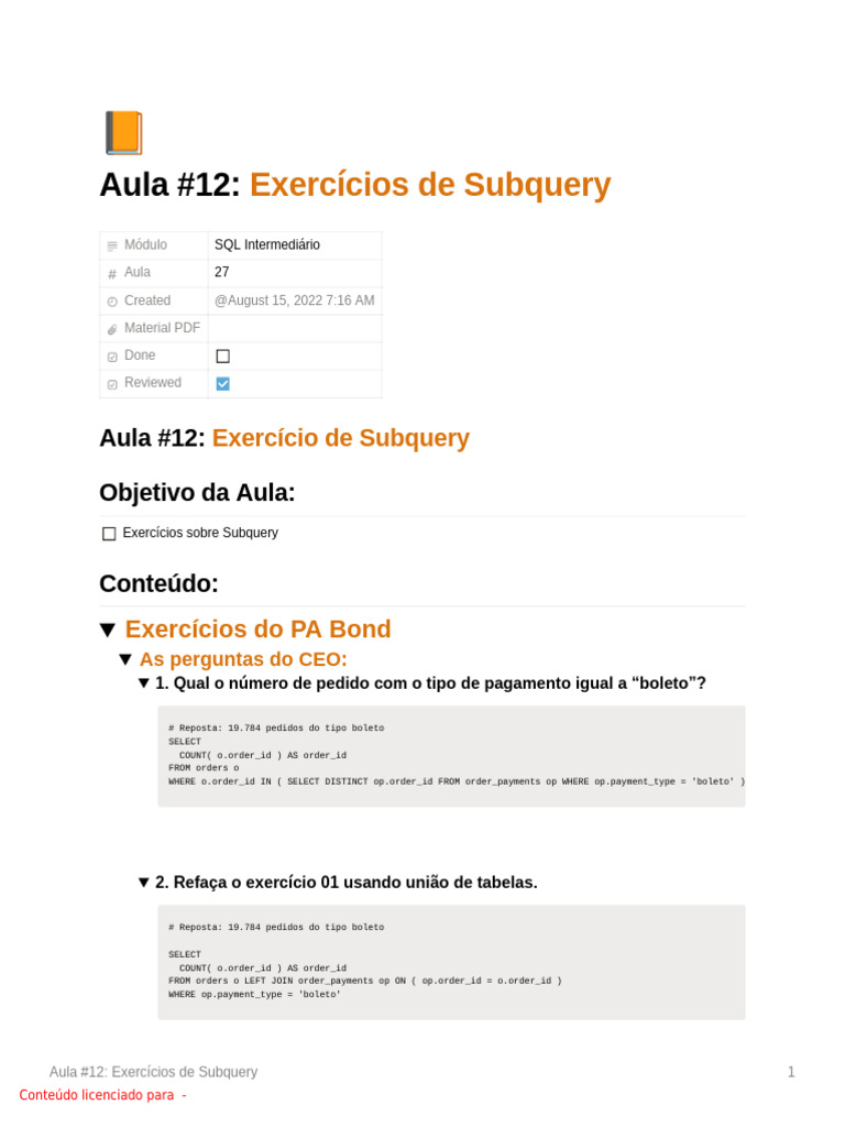 Aula 12 Exercicios de Subquery | PDF