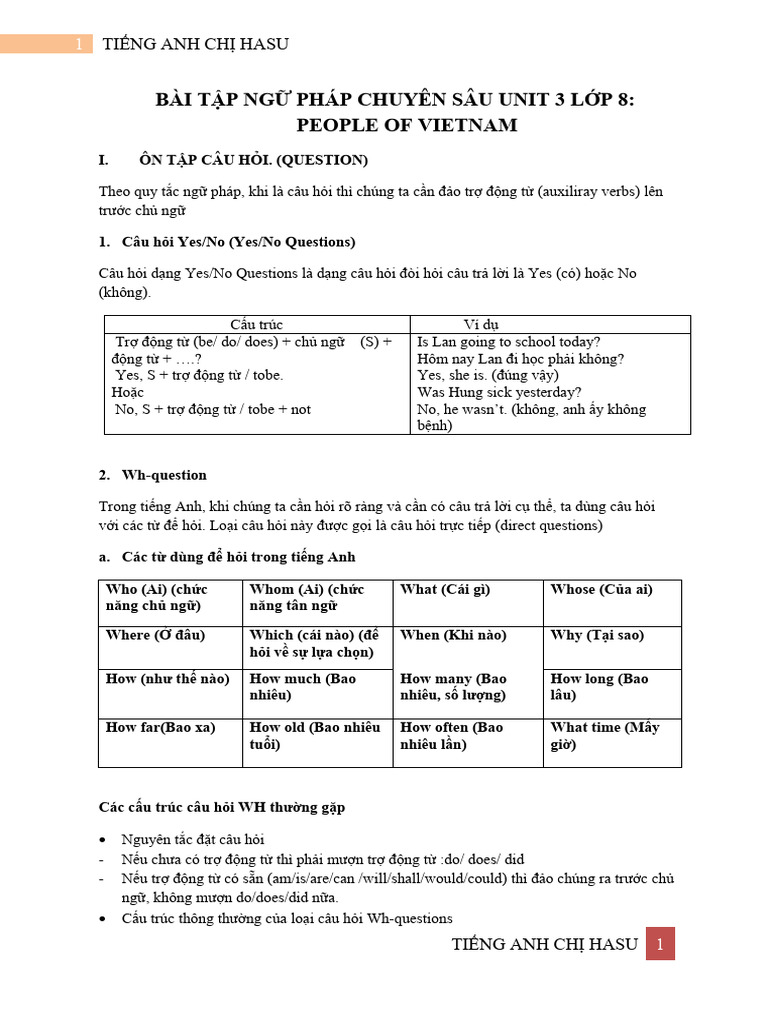 Unit 3 Grade 8 - Bài tập ngữ pháp chuyên sâu - People of Vietnam | PDF
