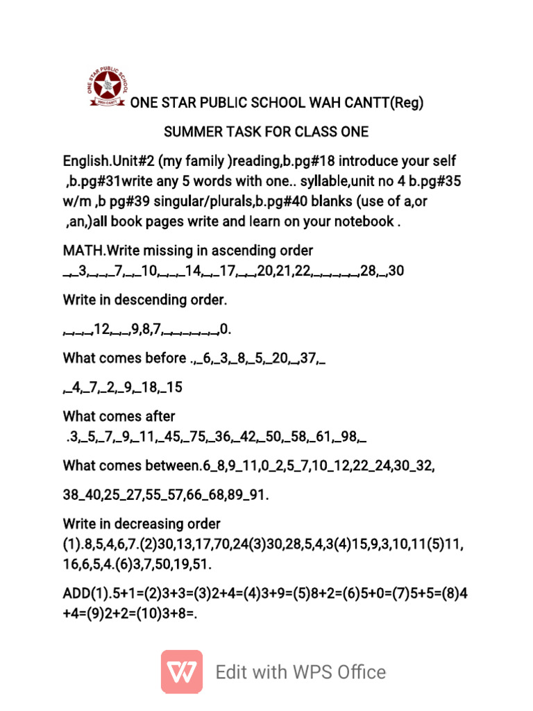Summer task for class one | PDF