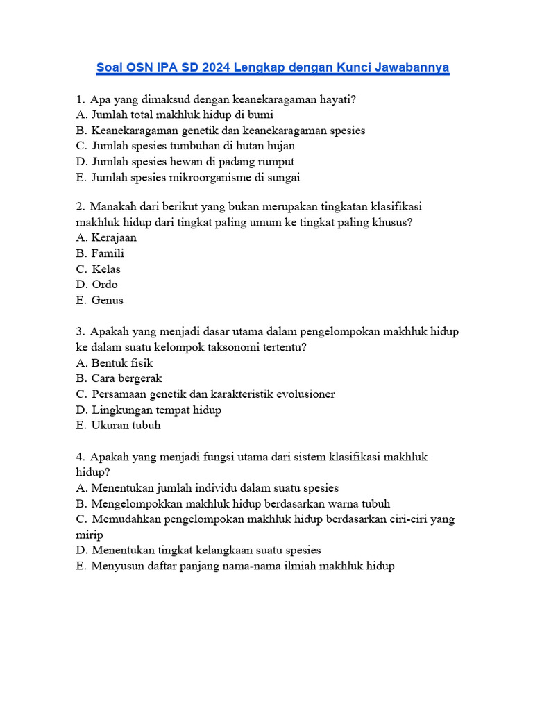 Soal OSN IPA SD 2024 dan Kunci Jawaban | PDF | Kesehatan Holistik