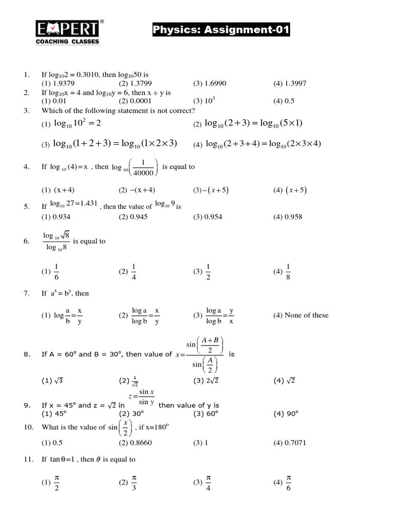 Physics Logarithms and Trigonometry Quiz | PDF